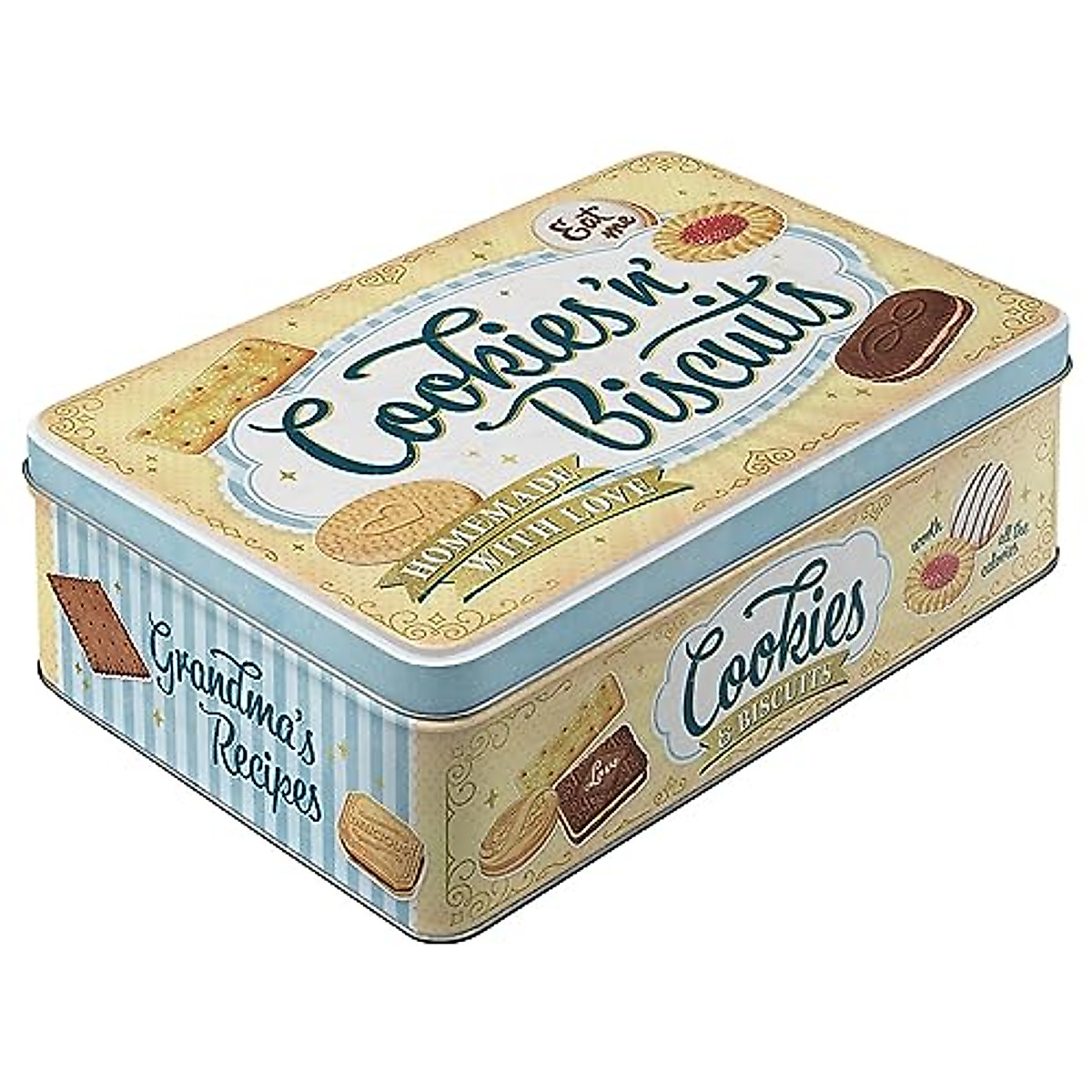 Nostalgic-Art Retro storage tin box flat, 84.5 oz, Cookies 'n' Biscuits – Gift idea for the kitchen, metal can with lid, vintage design