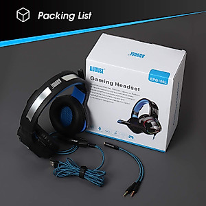 August Gaming Headset EPG100L - Stereo Surround Sound Noise Cancellation Wired Headphones with Adjustable Microphone and RGB Light Compatible PC Mac Tablets Phones