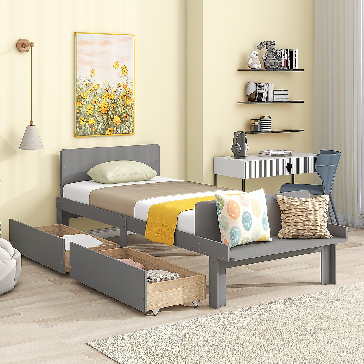 Twin Bed Frame, Wood Platform Bed with Storage, Twin Size Bed Frames with Wood Slat Support for Kids, No Box Spring Needed, Gray