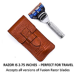 Parker 5 Blade Gillette Fusion Compatible Travel Razor with Luxurious Saddle Leather Case