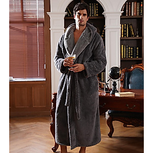 DAVID ARCHY Men's Soft Plush Fleece Robe Full Length Hooded Long Bathrobe for Men with Hood (L, Red- Shu Velveteen)
