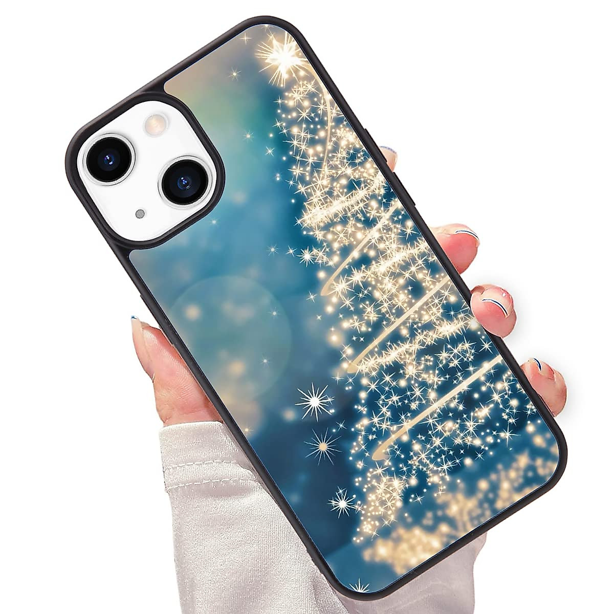 JOYLAND Christmas New Year Phone Case for iPhone 14 Pro,Christmas Tree Girly Protective Case Black Soft Silicone&Aluminum Hard Back Scratch Resistant Shockproof Cover for iPhone 14 Pro