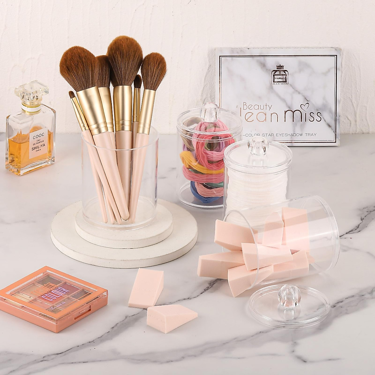 Tbestmax 4 Pack Qtip Holder - 10 oz, 12 oz Restroom Bathroom Organizers and Storage Containers, Clear Plastic Apothecary Jars with Lids for Cotton Ball, Cotton Swab, Cotton Round Pads, Floss