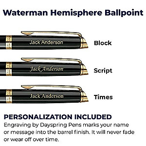 Dayspring Pens Personalized Waterman Pen | Engraved Waterman Hemisphere Lacquer Black with Gold Trim Ballpoint Pen. Luxury Gift Pen. Custom Engraved