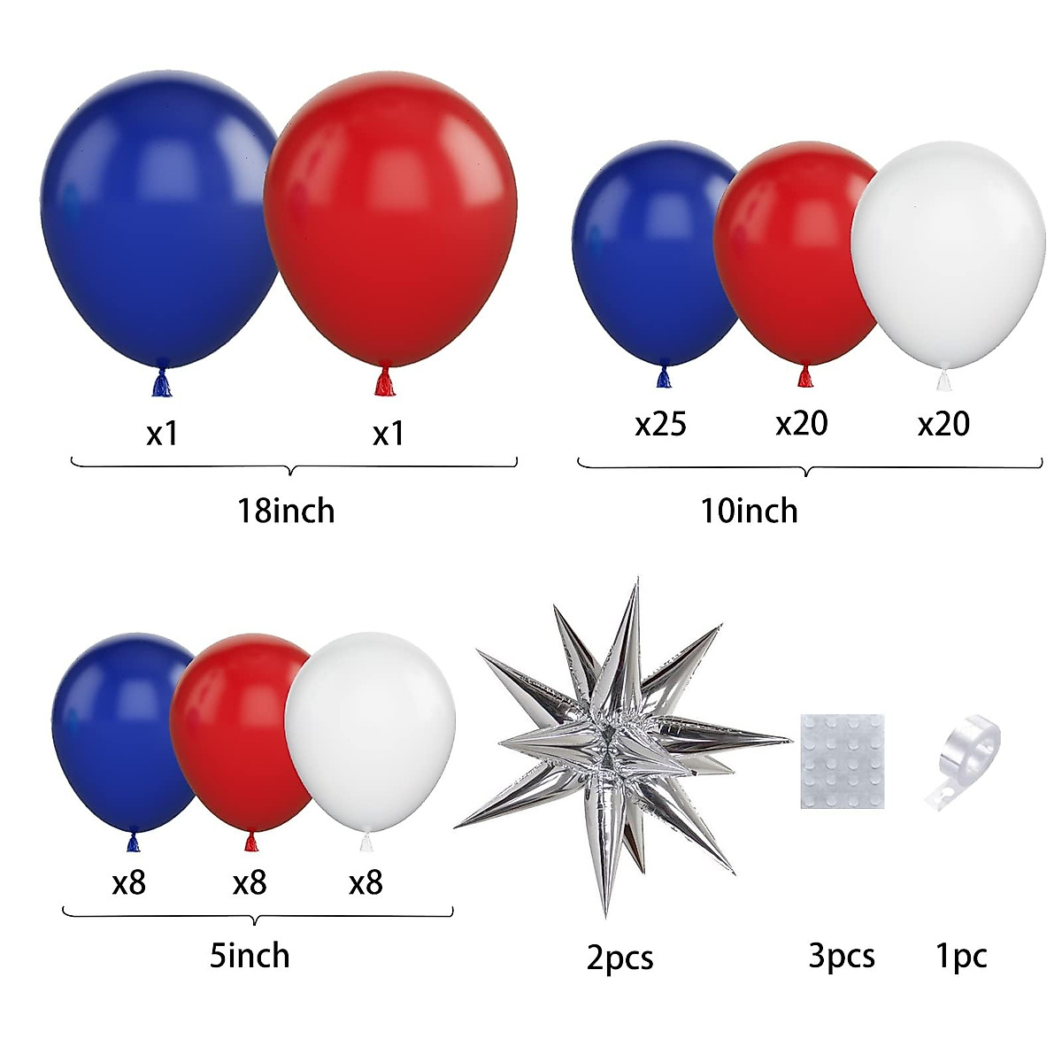 Red White Blue Balloon Arch Kit, Latex Birthday Balloons 5 10 18 inch Blue Red White Party Balloon Garland Kit with 2 Silver Explosion Star for Baby Shower Decorations Wedding Graduation Party