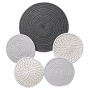 5-Pcs Trivet Pot Holder: Round Woven Potholders Set - 100% Cotton Braided Hot Pads - Coasters - Table Mats for Cooking and Baking One 11.8 Inch and Four 7 Inch