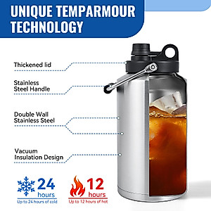 Miereirl 128 Oz Insulated Water Jug, One Gallon Stainless Steel Vacuum Double Walled Water Bottle With Handle, BPA-Free Keep Cold 48H Hot 24H, Wide Mouth For Sports, Traveling, Camping, Stainless