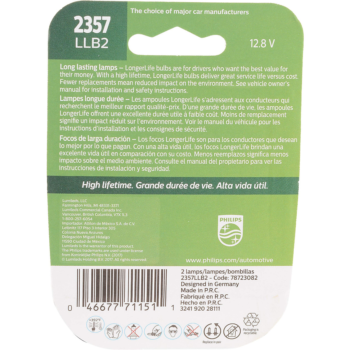 Philips automotive lighting 2357 LongerLife Miniature Bulb, 2 Pack (2357LLB2)