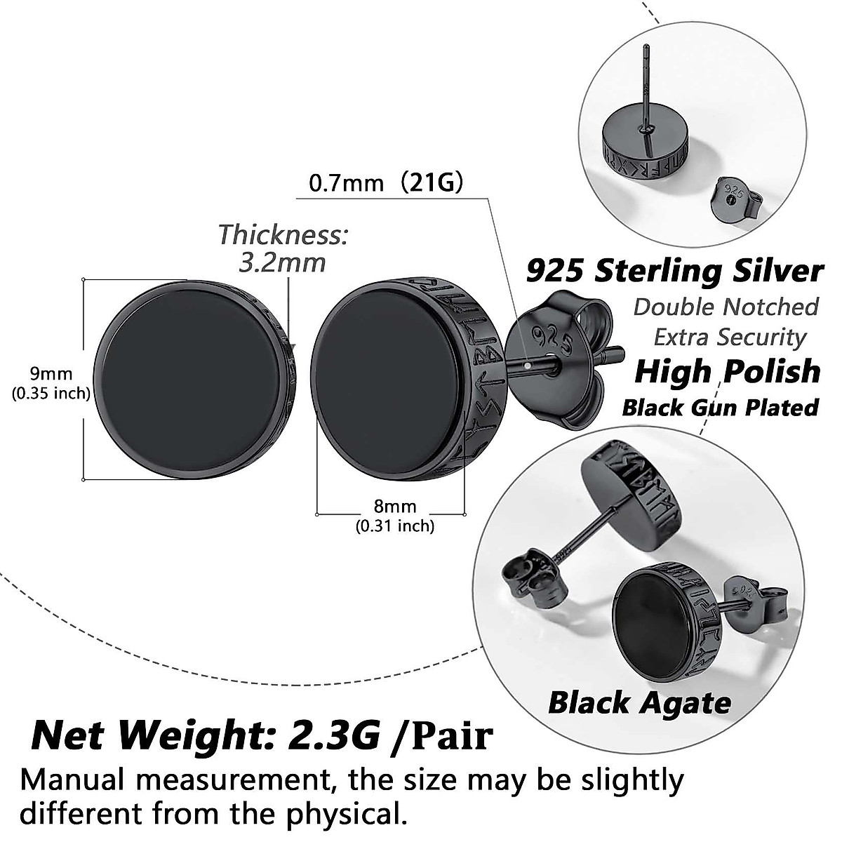 Silvora 925 Sterling Silver Men's Earrings Stud Viking Rune Stud Black Onyx Earrings For Men Women