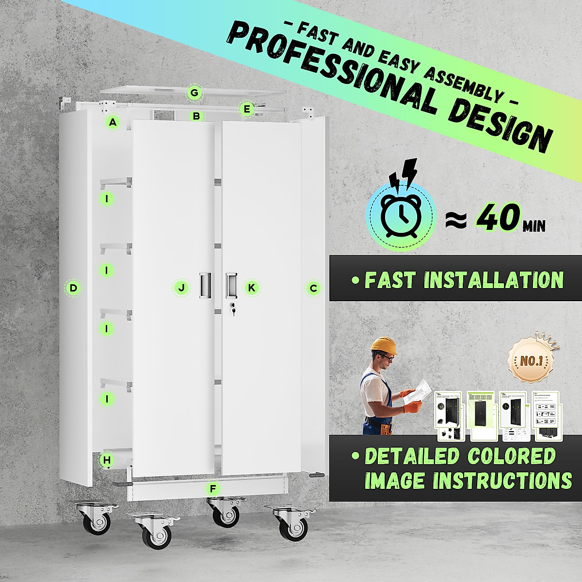 INTERGREAT 72" Metal Garage Storage Cabinet with Wheels, White Steel Locking Cabinet with 2 Adjustable Shelves and Doors, Rolling Metal Tool Cabinet for Home, Office, School, Garage