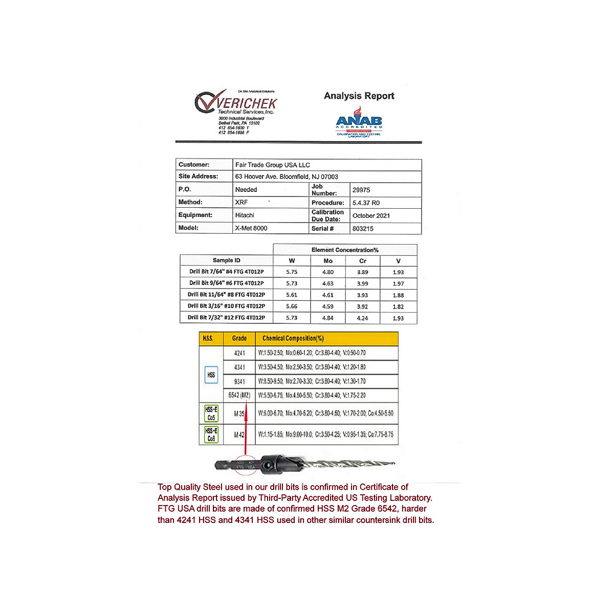FTG USA Wood Countersink Drill Bit Set 5 Pc Countersink Drill Bit #4, 6, 8, 10, 12, with 6 Storage Containers for Tapered Countersink Drill Bits with 1/4" Hex Shank Quick Change and Allen Wrench