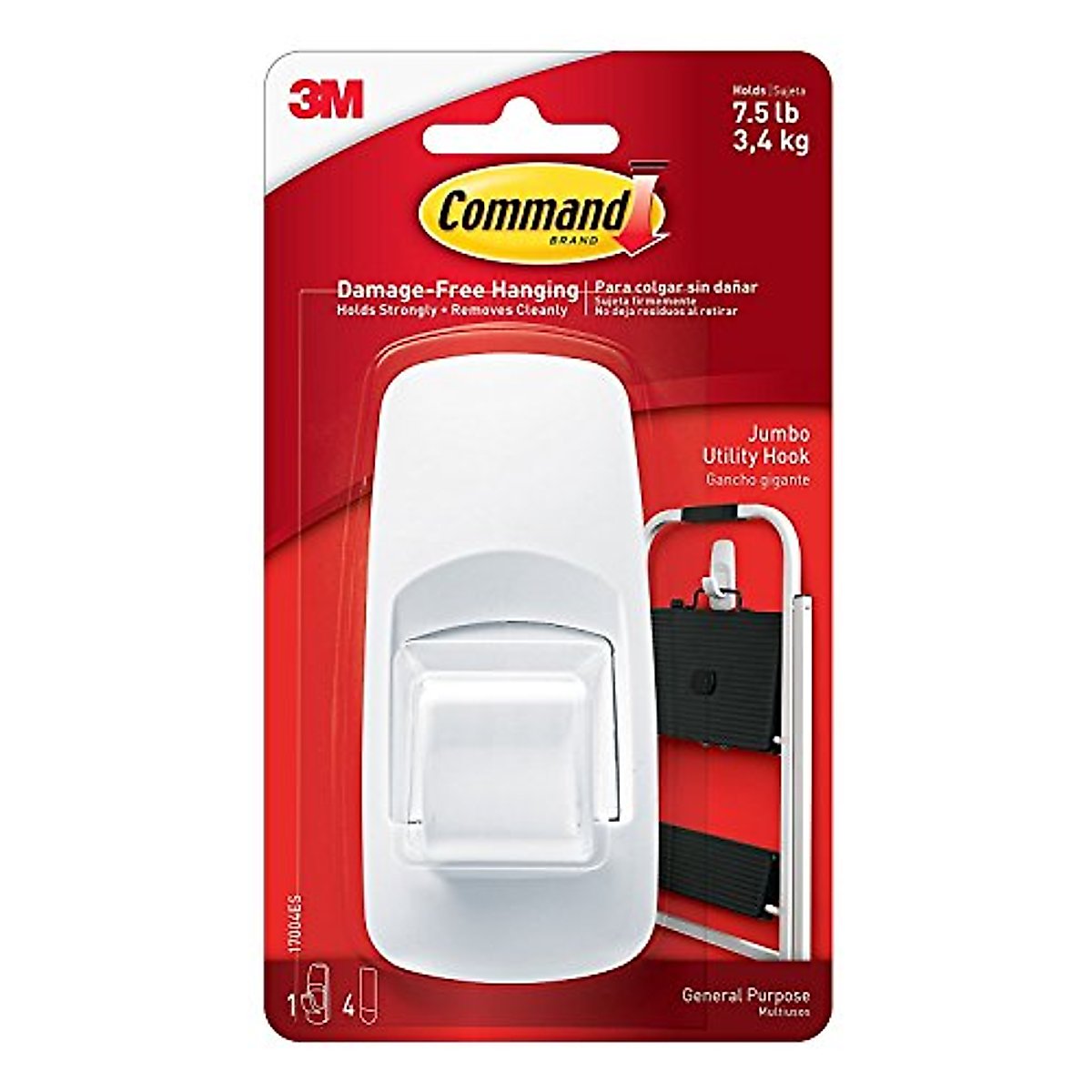 Command Jumbo Hook with Strips 17004ES- White, Pack of 1 with A Prep Pad for Fast and Easy Application