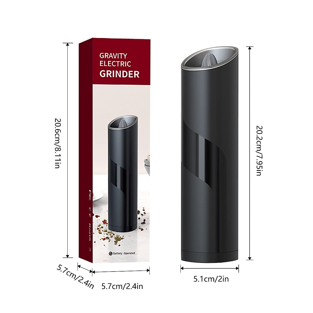 Electric Pepper Salt Grinder Gravity Automatic Spice Grinder Battery Powered Pepper Mill with LED Light Adjustable Coarseness One Hand Operation for Kitchen Resturant Camping BBQ Black