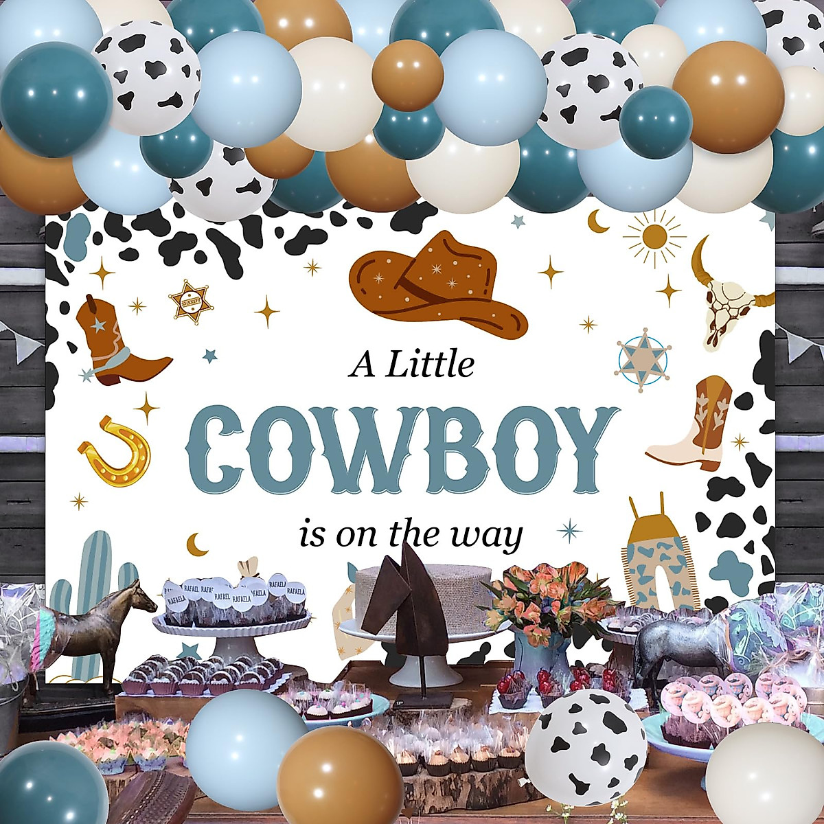 Cowboy Baby Shower Decorations for Boy, Western Rodeo Theme Retro Blue Balloon Garland Arch Kit, A Little Cowboy Is On the Way Backdrop Pregnancy Celebration Party Supplies