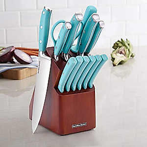 Hamilton Beach 14-Piece Kitchen Knife Cutlery Set, Aqua Blue Handles, Sharp Stainless Steel, Wood Block with Chef's, Santoku, Bread, Steak, Paring, Utility Knives, and Scissors