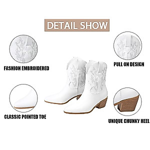 STALOV Short Cowgirl Boots for Women Embroidered White Cowboy Ankle Boots,Pointed Toe Low Chunky Heel Pull On Western Stitched Boots
