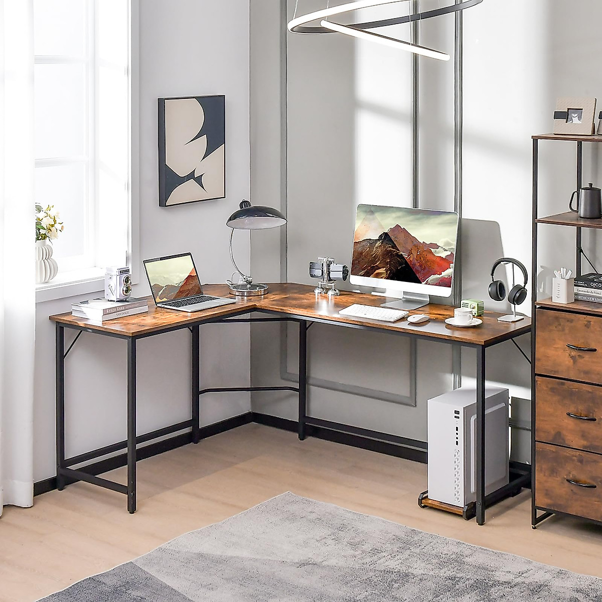 COSTWAY L-Shaped Desk with CPU Stand, 66 Inch Wooden Top Space-saving Corner Desk w/Metal Frame, Large Computer Gaming PC Desk, Writing Table Study Desk for Bedroom, Study, Office (Rustic Brown)