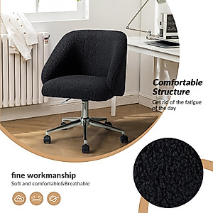 HULALA HOME Sherpa Home Office Desk Chair, Comfy Upholstered Adjustable Height Task Chair, Lamb Fleece Vanity Chair for Bedroom, Study Room, Black