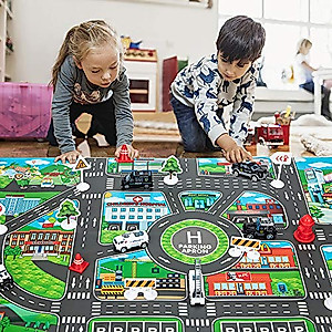 Car Toys Set with Transport Cargo Airplane and Large Play Mat, Mini Educational Vehicle Police Car Set for Kids Toddlers Boys Child Gift for 3 4 5 6 Years Old, 6 Cars, Large Plane, 11 Road Signs