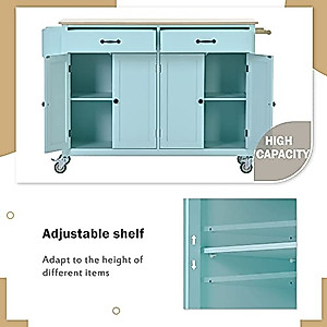 FRITHJILL Kitchen Island Cart with Solid Wood Top, Rolling Serving Cart with Locking Wheels, Utility Trolley with Spice Rack and Towel Rack (Mint Green)