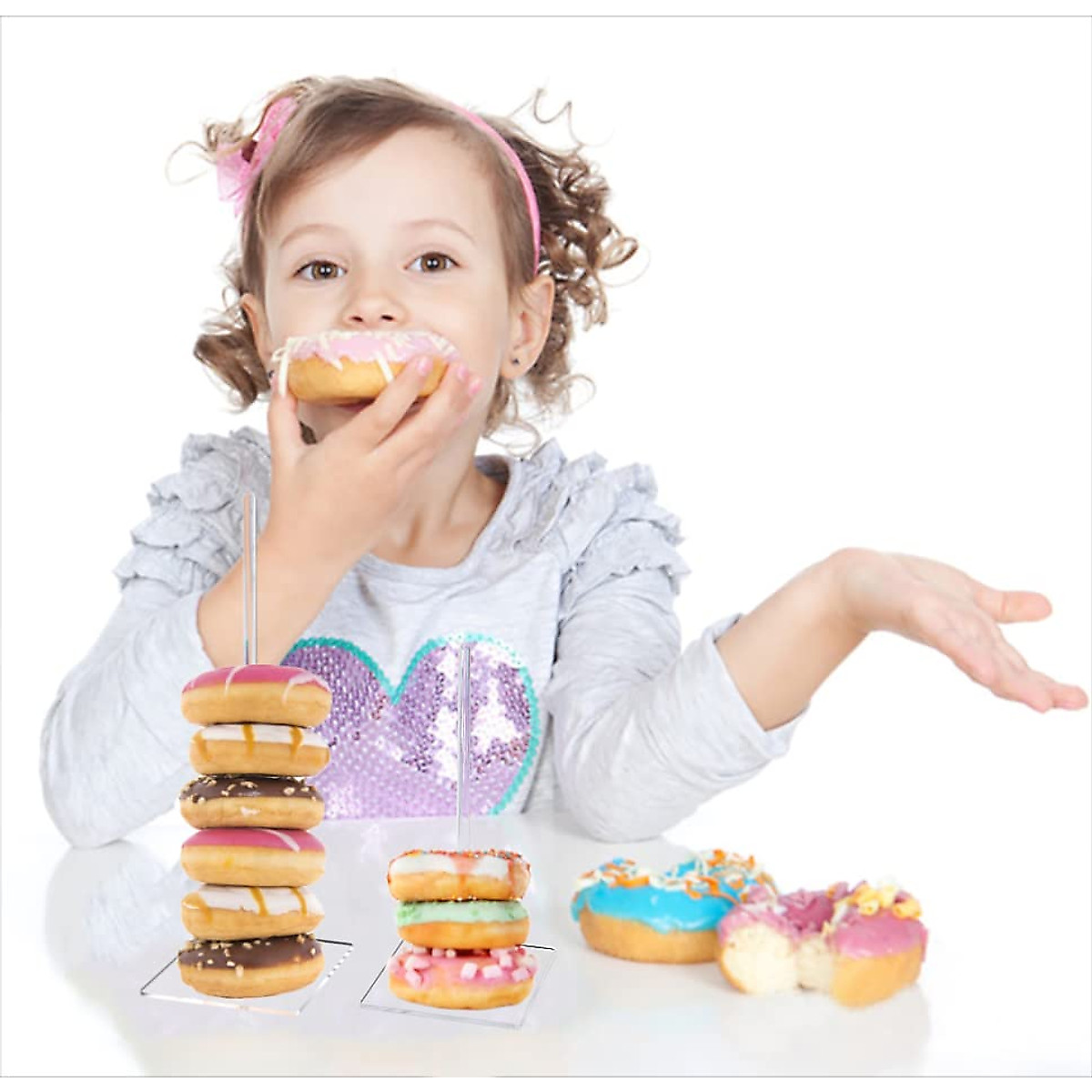 OLAJUNE Acrylic Donut Stands,Clear Acrylic Bagels Holder Doughnut Dessert Stand Table Decoration for Wedding Birthday Party Donut Party Supplies Donut Stand(4 Pieces, Two Each of 10 and 15 inch)