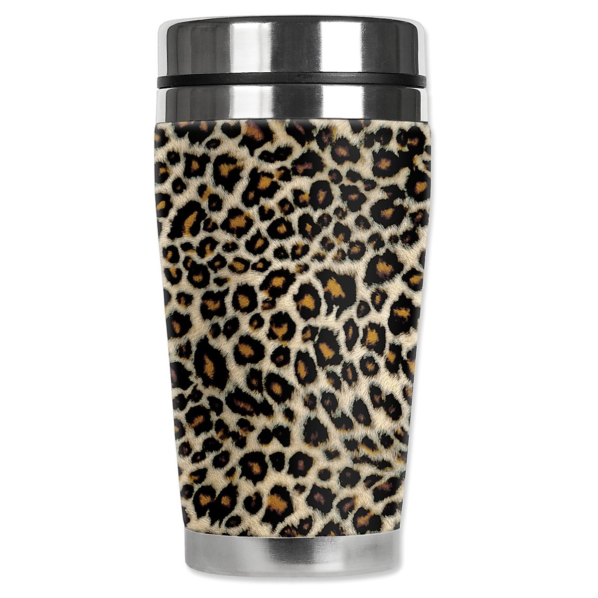 Mugzie Small Leopard Spots Travel Mug with Insulated Wetsuit Cover, 16 oz, Black