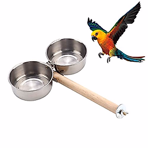 Bird Perch with Feeder CupsBowls Stainless Steel Odorless with Holder Hanger for Outside Durable Water Food Dispenser for Parakeet Cockatiel Conure African Grey Macaw Cage Accessories (B-20CM)