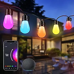 ASAHOM Smart Outdoor String Lights, 45FT Waterproof Dimmable RGB Patio Lights, 15 Shatterproof Multi-Color LED Bulbs, Voice & WiFi APP Control Lights, 30 Scene Modes, Connectable for Party Backyard