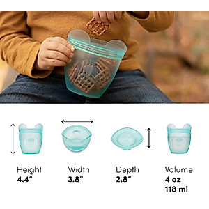 Zip Top Reusable 100% Silicone Baby + Kid Snack Containers - The only containers that stand up, stay open and zip shut! No Lids! Made in the USA - Teal Bear