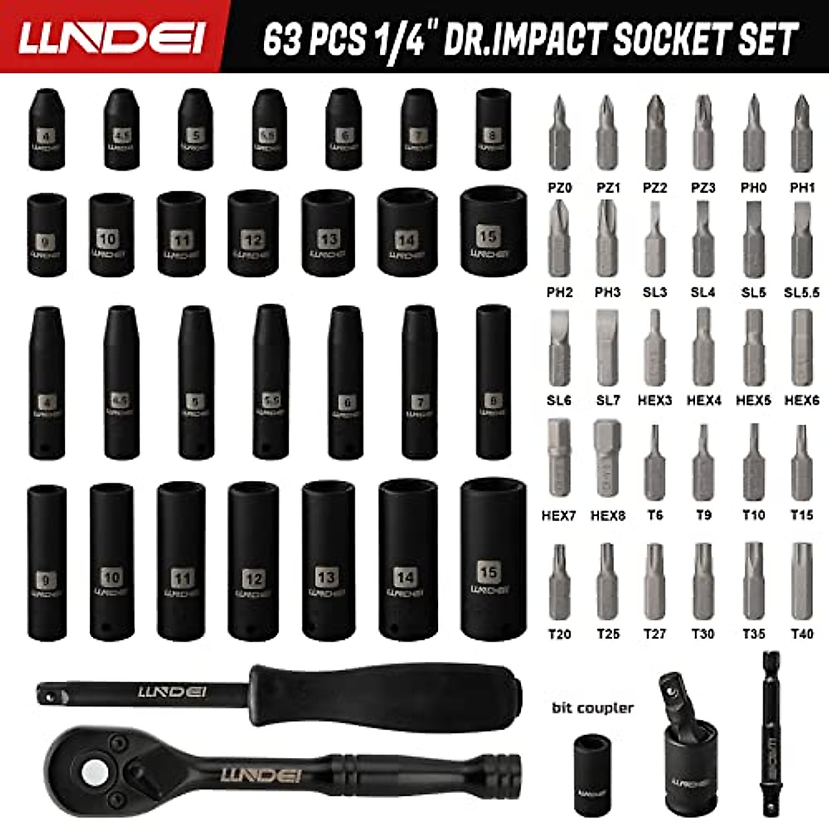 LLNDEI 1/4" Drive Socket Wrench Set, 1/4-Inch Impact Socket Set Metric(4-15mm) Deep and Shallow 6 Point, CR-V, 63PCS with 72T Ratchet Wrench Handle for Household&Automotive Repairing