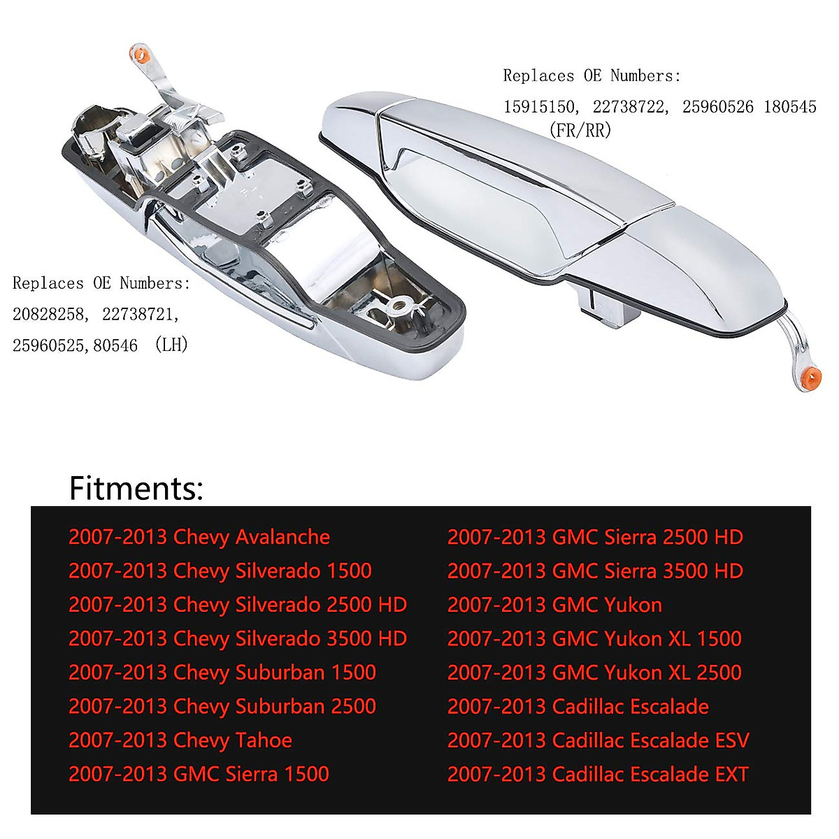 LEIMO KPARTS Exterior Chrome Door Handle Front Driver Passenger Side， Replacement for 2007-2013 Chevy Silverado Suburban Tahoe Avalanche, GMC Sierra Yukon, Cadillac Escalade | Replaces# 80546，80545