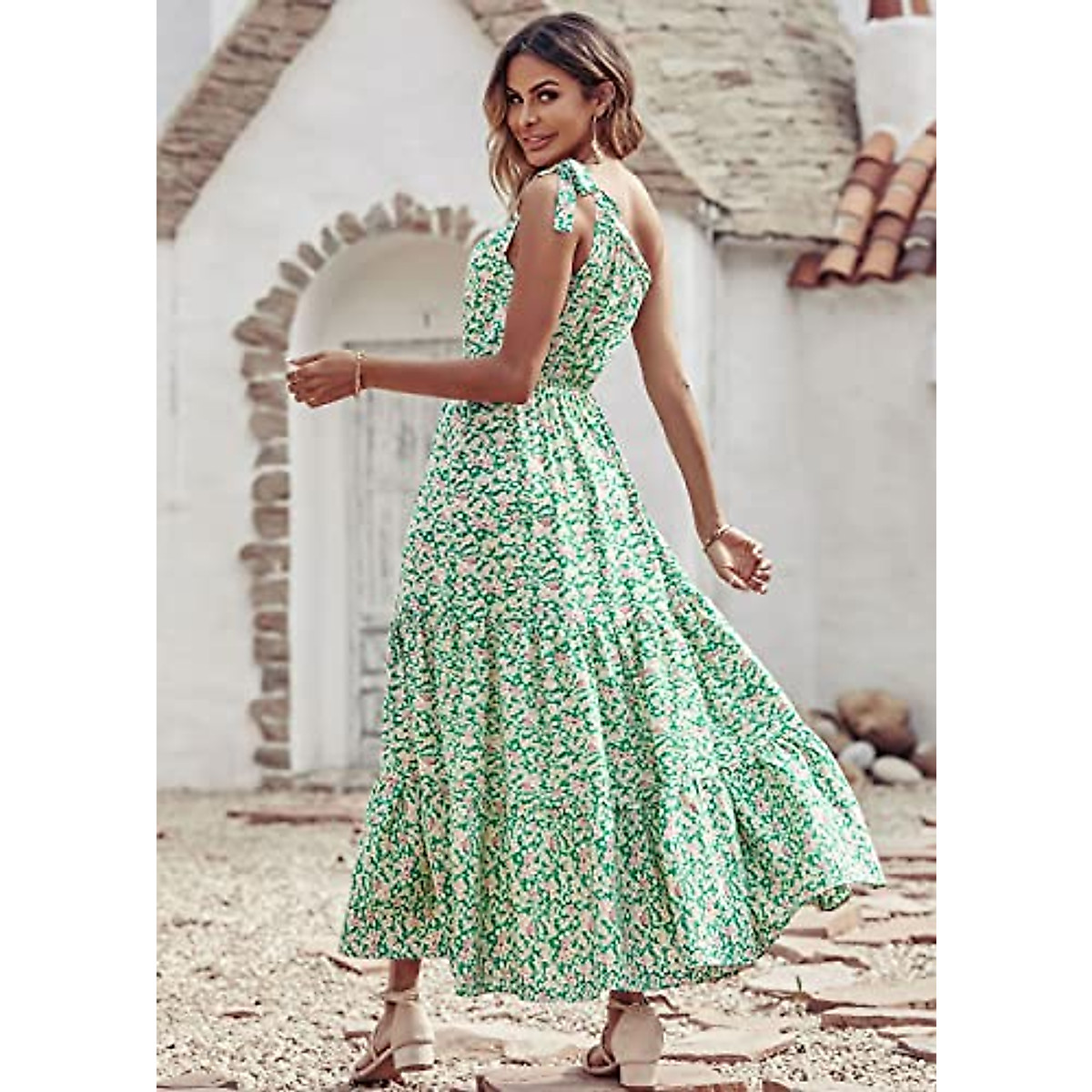 PRETTYGARDEN Women's Floral Maxi Dress 2023 Knot One Shoulder Sleeveless Ruffle Hem Flowy Boho Dresses(Green White,Large)