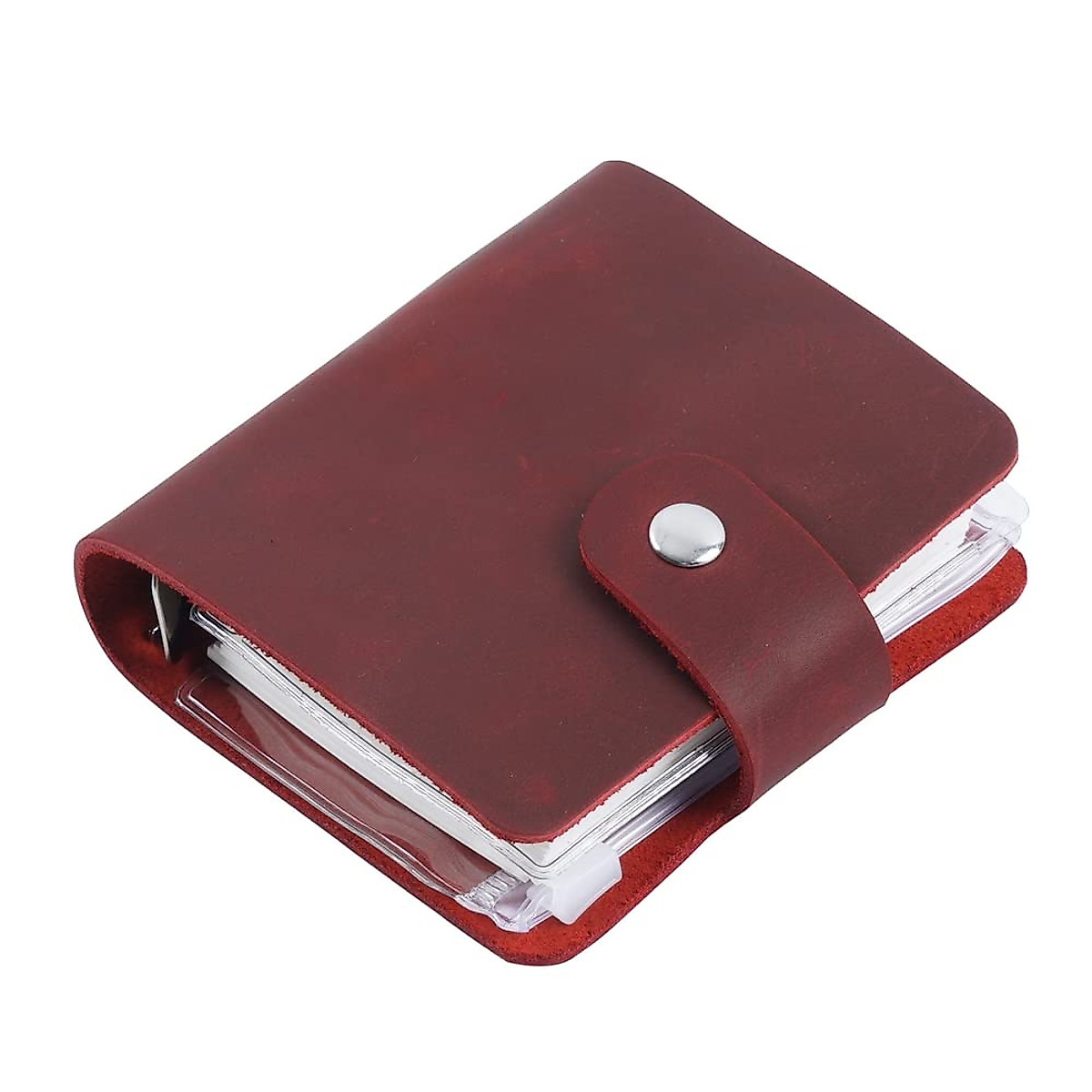 AxeWoodz A9 Genuine Leather Journal, Red Handmade Cowhide Pocket Size Binder Planner, Mini Vintage Leather Planner, 120 Sheets Pages, Loose Leaf 3-Ring with Snap Button Closure (Red)