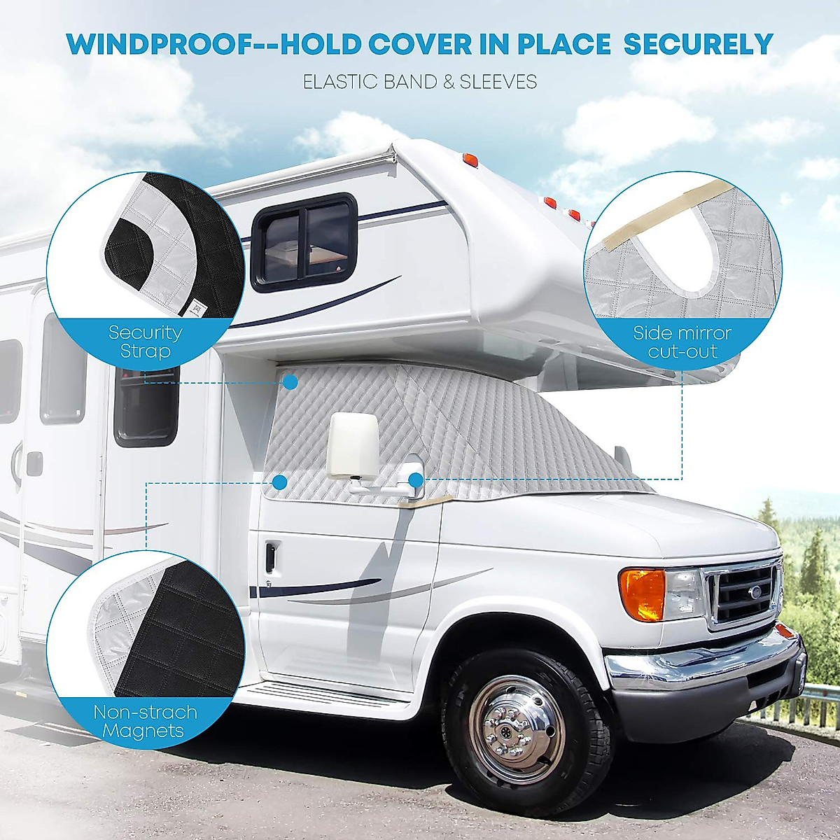 COOLTOP RV Windshield Cover for Class C Ford E450 1997-2020, RV Front Window Cover Motorhome Windshield Sunshade Cover with Mirror Cutouts