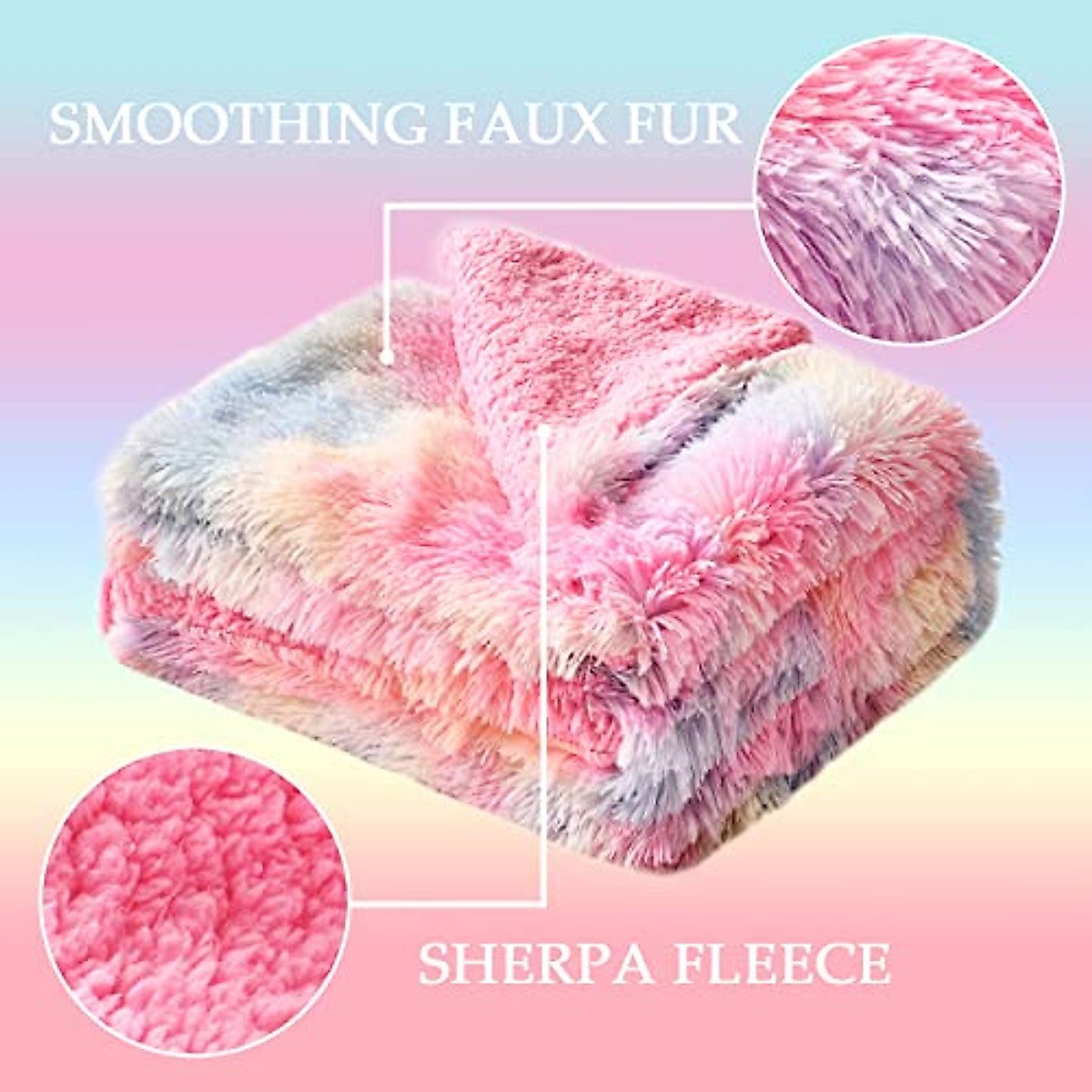 Exclusivo Mezcla Super Soft Fuzzy Faux Fur Throw Blanket, Fluffy Plush Cozy Reversible Shaggy Sherpa Fleece Blankets and Warm Throws for Couch Sofa Bed, 50x60 inches, Rainbow