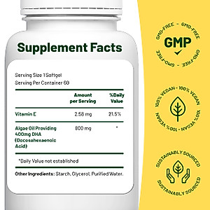 Vegan Vitality Vegan Omega 3 Supplement - 60 Plant Based Algae Oil Soft Gels Essential Fatty Acids with Vegan DHA for Joint, Heart & Immune Support Without EPA