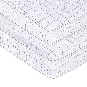 Petit Dreams Pack N Play Mini-Crib Sheet Jersey Knit Cotton for Baby Girl Flexible Fit for Standard Mini-Crib Mattresses, Dotted Stripes & Grid Lines, Pink, (Pack of 2)