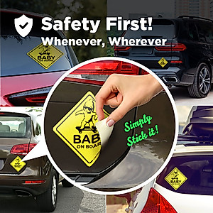 LAVMO Baby On Board Sticker For Cars (2 Pcs) - Bright Yellow Reflective Safety Signs - 5"x5" Funny and Cute Safety Caution Decal Sign for Window and Bumper - No Need for Suction Cups and Magnets