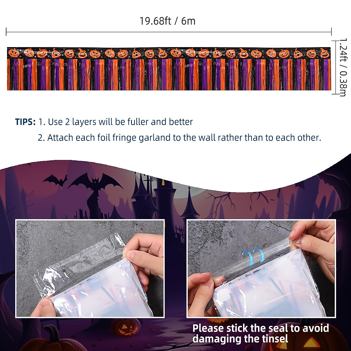 Mega-L Halloween Party Decorations, 2 Packs 39 Feet Foil Fringe Banner Tinsel Streamers, Orange Purple Black Pumpkin Metallic Hanging Backdrop Garland Table Skirts for Indoor House Car Parade Floats