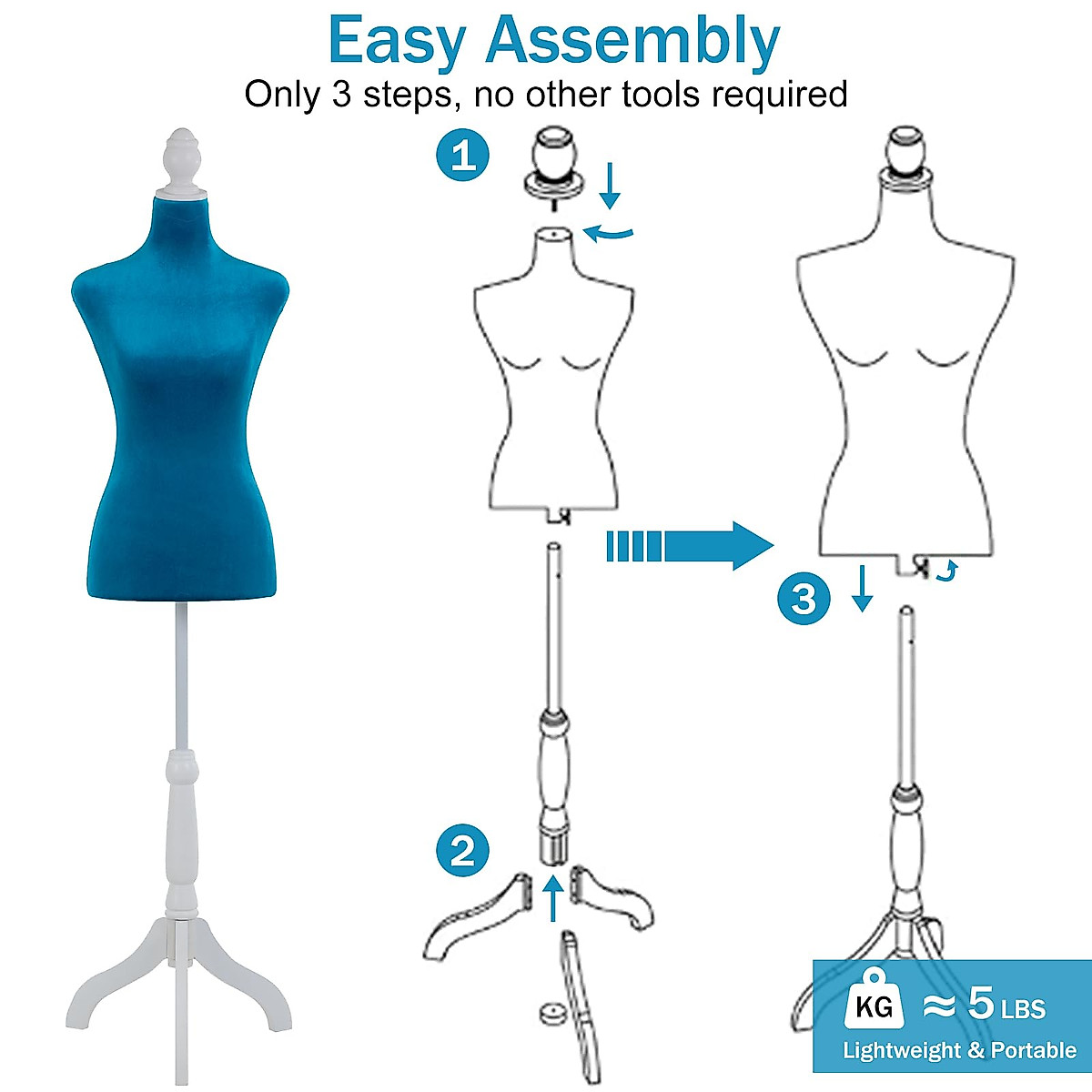 Mannequin Body, Female Dress Form Torso Manikin Body with Adjustable Height Wooden Tripod Stand for Sewing Dressmakers Dress Jewelry Display, Blue