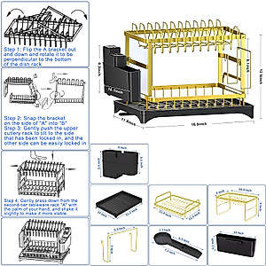 IBEDMAZIE Dish Drying Rack Gold, Multifunctional Dish Racks for Kitchen Counter with Drainboard 2 Tier Dish Drainer Large Capacity for Dish/Knifes/Cup/Cutting Board