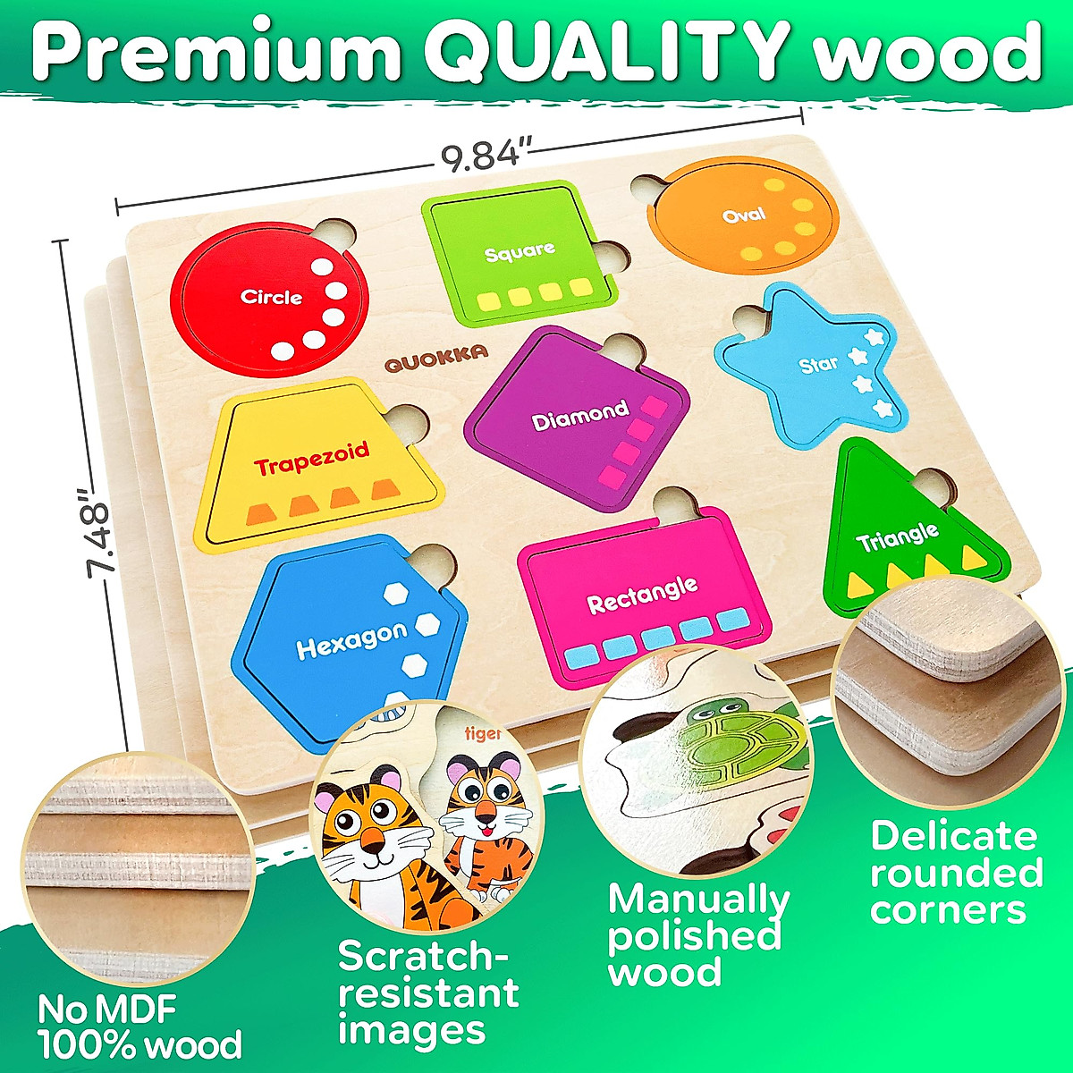 QUOKKA Toddler Puzzles Ages 2-4 – Wooden Puzzles for Kids 1-3-5 Year Old – Learning Travel Game with Numbers Animals Shapes – Wood Educational Gift for Boys and Girls