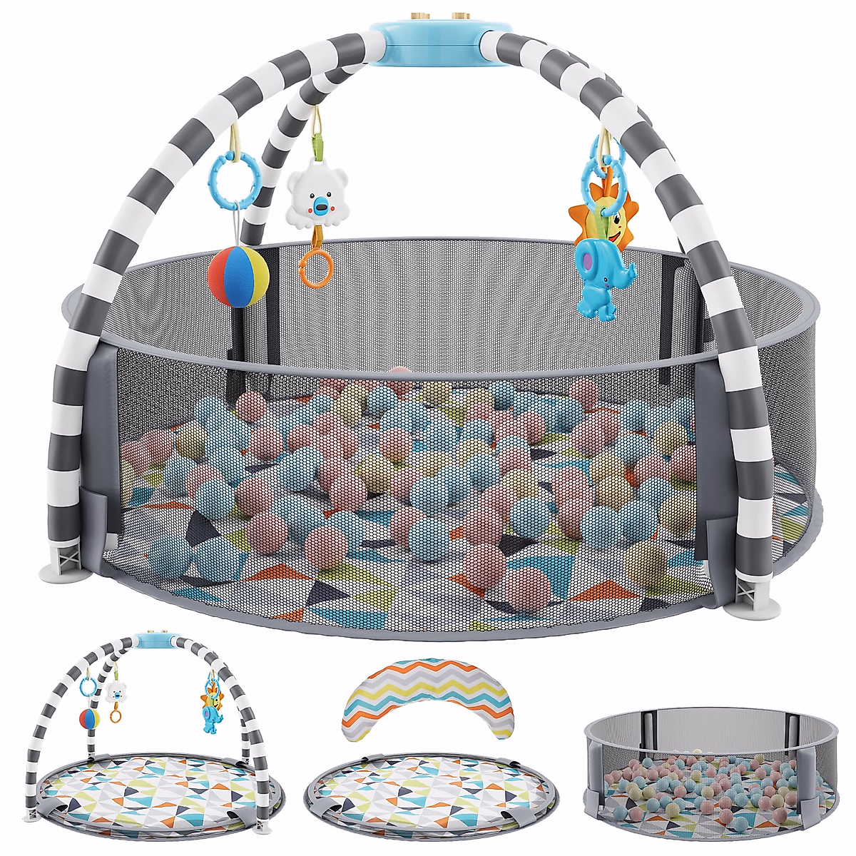 5 in 1 Baby Play Gym and Ball Pit - Baby Gym with 6 Toys, Balls, Tummy Pillow, Tummy Time Play Mat - Easy to Set Up Baby Activity Mat - Baby Gym Ball Pit - Infant Playmats for Boy & Girls