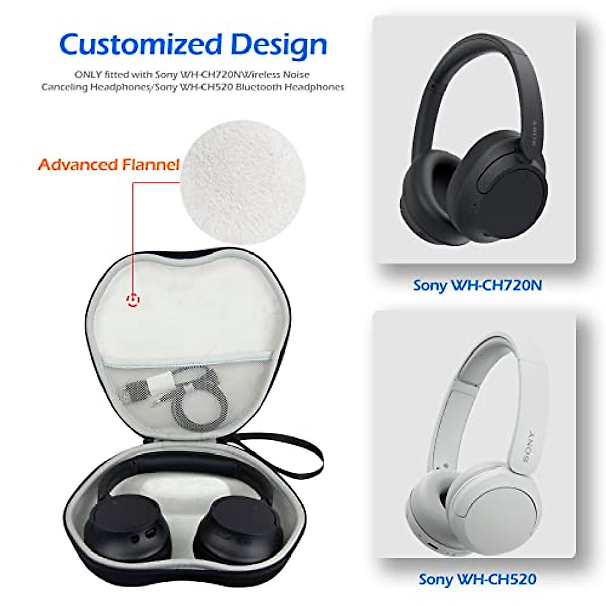 XINGFUDAO Case for Sony WH-CH720N Wireless Noise Canceling Headphones/Sony WH-CH520 Bluetooth Headphones, Waterproof Anti-scrach Protective Case, Portable Sony Earphone Bag with Band Everyday Carry
