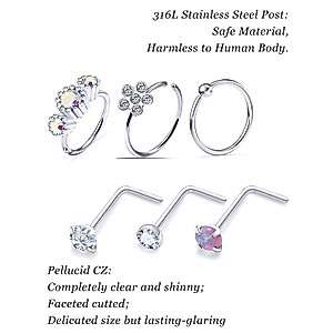 Vsnnsns 20G Nose Rings for Women Surgical Steel Nose Rings Hoops L Shaped Nose Studs Nose Hoop Rings 2mm Diamond CZ Nose Ring Nose Piercing Jewelry Silver 26Pcs