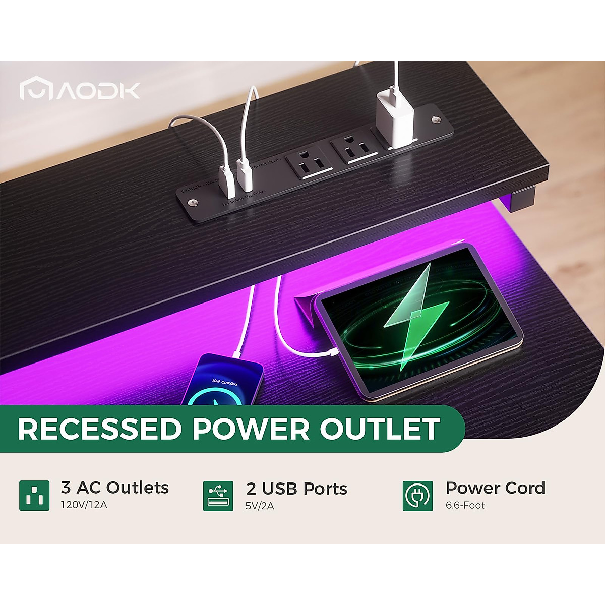 AODK Gaming Desk with LED Lights & Power Outlet, 40 Inch Computer Desk with Drawer, Reversible Desk with Adjustable Monitor Shelf & Headphone Hook for Home Office, Black