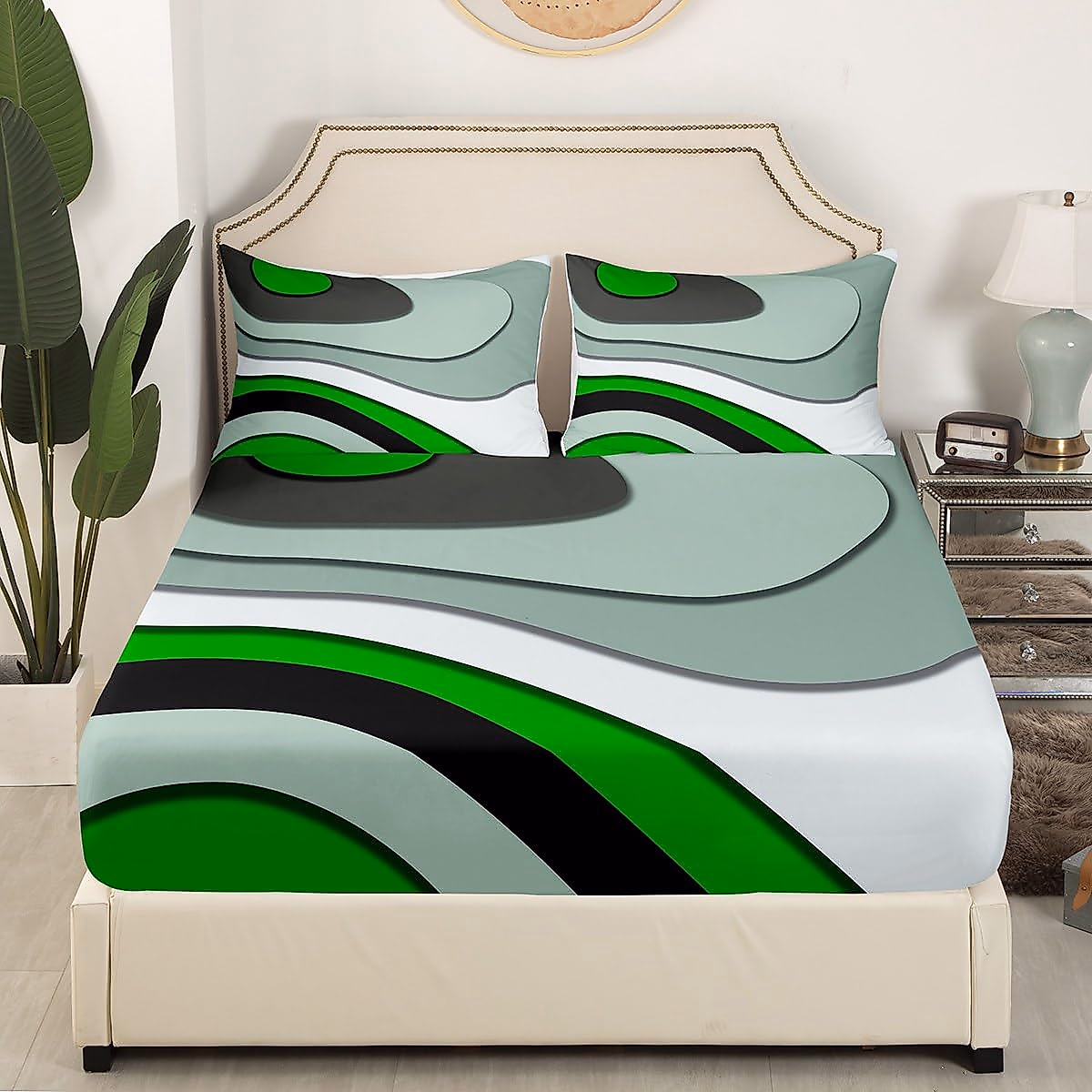 Abstract Sea Wave Bed Sheets Set Full Size, Royal Blue White and Grey Swirls Fitted Sheet, Modern Turquoise Decor Sheets, Geometric Striped Bedding Set Chic All Season Bedroom Decor, 3Pcs