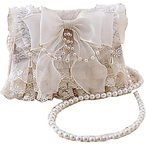 QZUnique Lolita Shoulder Bag, Handmade Crossbody Tote Bags with Lace Bow, Fashion Casual Handbags for Women, Stylish Purse with Pearl Shoulder Straps