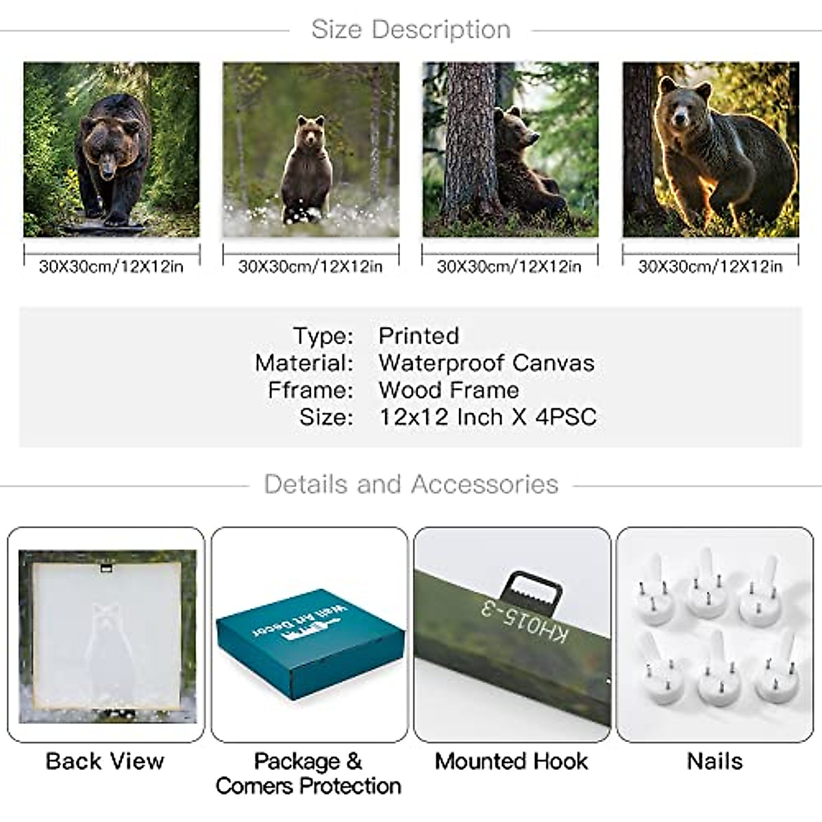 OTOSTAR 4 Pieces Wall Art Canvas Prints - Forest and Bear Picture Painting - Modern Wall Artwork Framed for Gifts Bathroom Home Kitchen Office Decor - 12 x 12 Inch