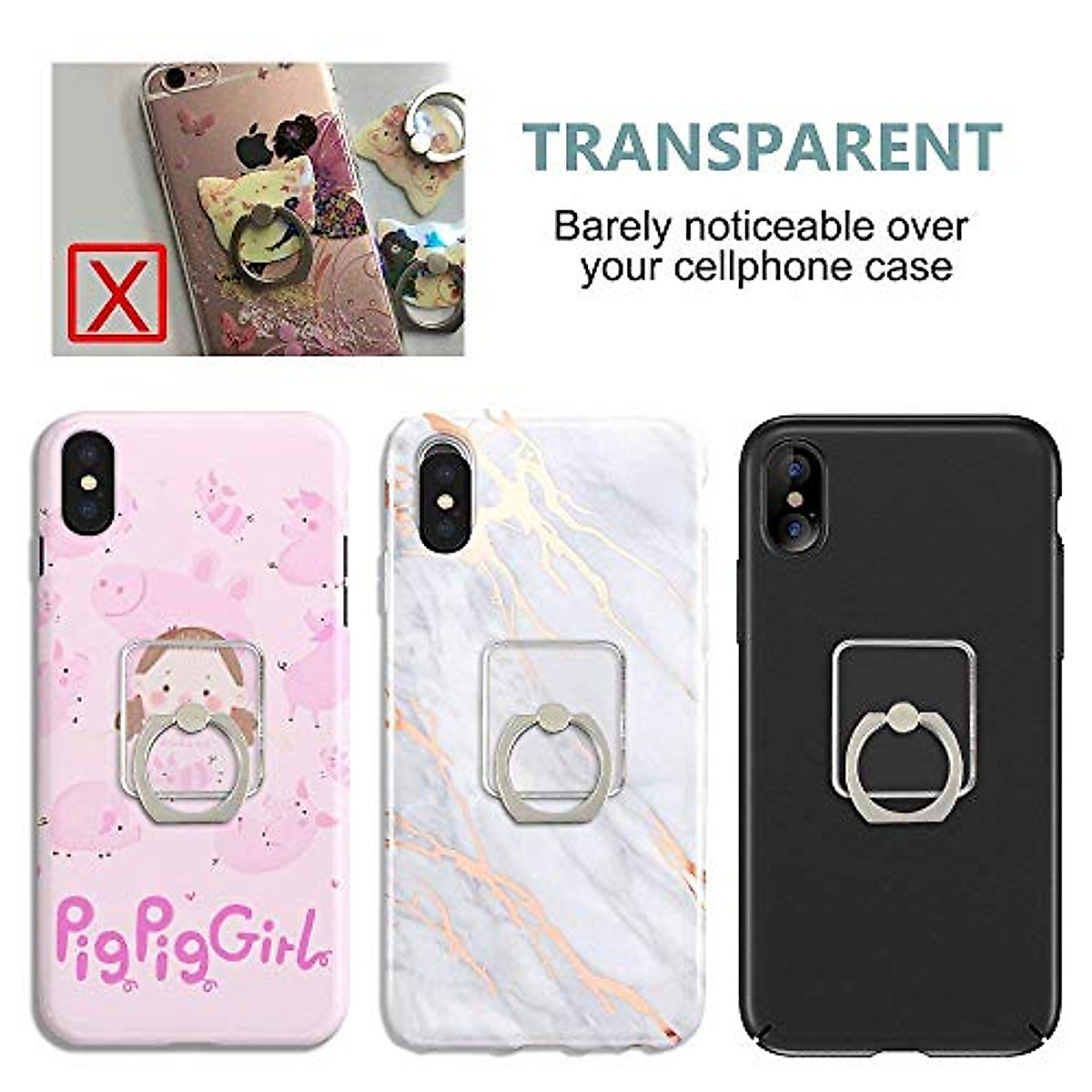 Cell Phone Ring Holder Stand Transparent 4 Pack Finger Grip Loop Mount 360 Degree Rotation Universal Smartphone Kickstand Compatible with iPhone X 8 7 7Plus Samsung Galaxy S7 S8 LG Google